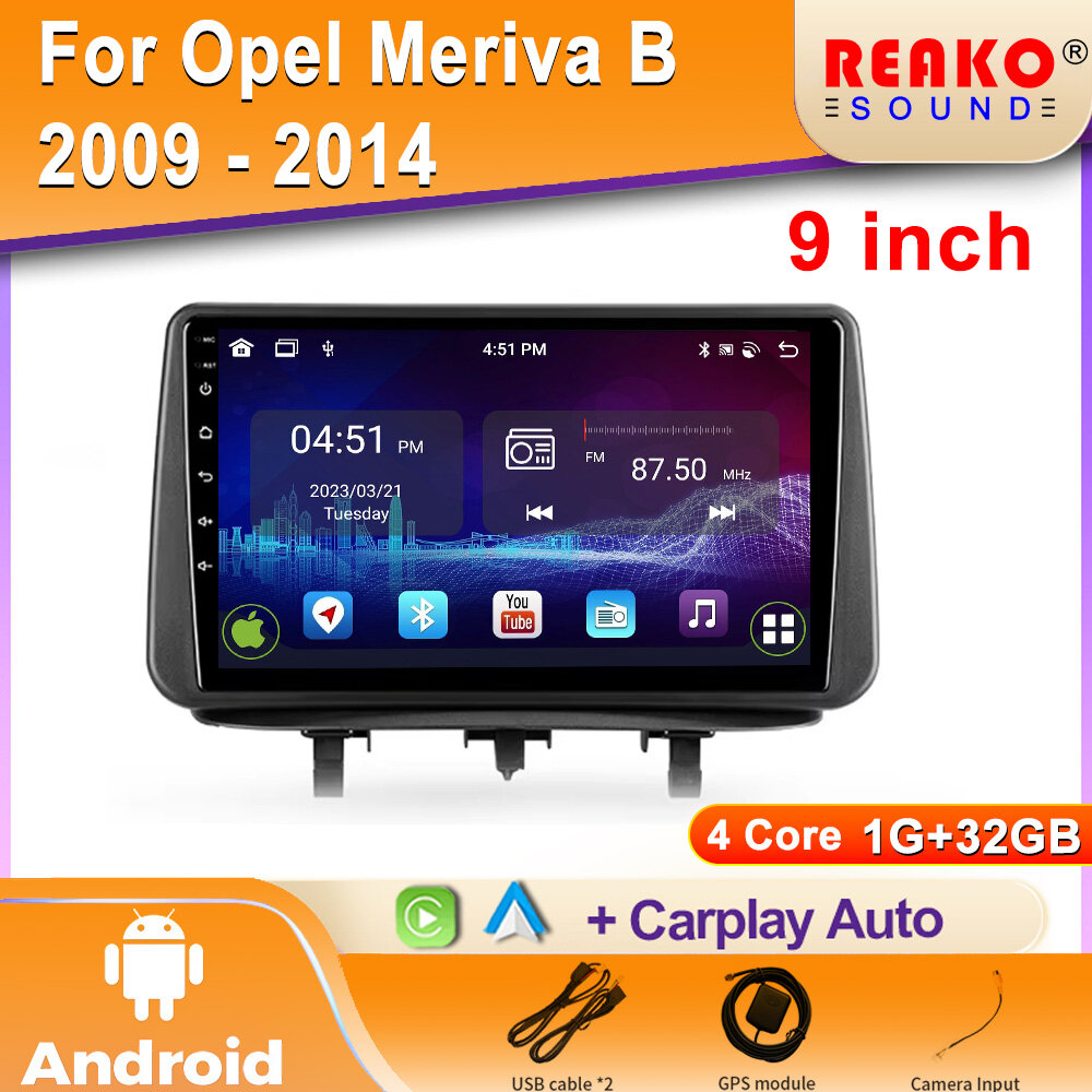 Магнитола для Opel Meriva B 2009 - 2014 , с камерой заднего вида. IPS экран 9 дюймов, Wifi 2din с сенсорным экраном, usb и блютузом.