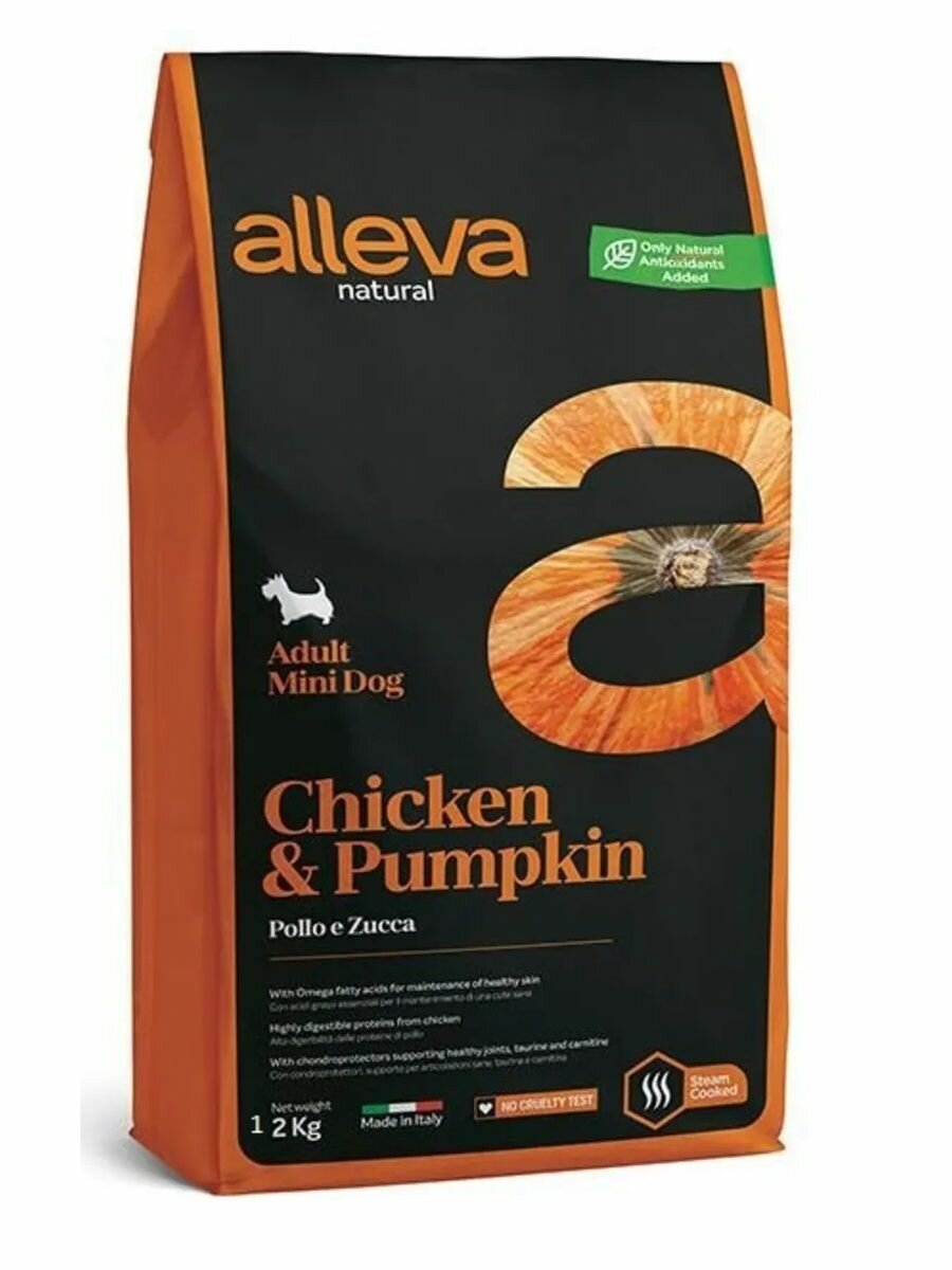 Alleva Корм для взрослых собак Натурал с курицей и тыквой. Мини 12 кг