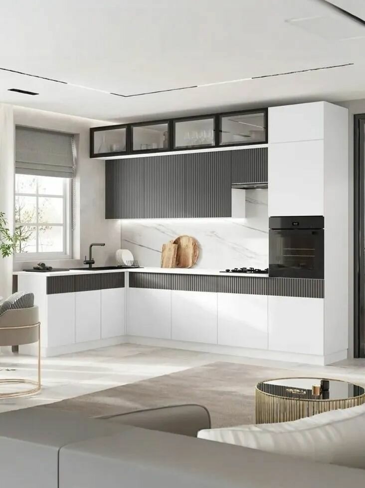 Модульная кухня угловая левая Оливия МДФ 3,0х1,8м белый/графит со столешницей Антарес