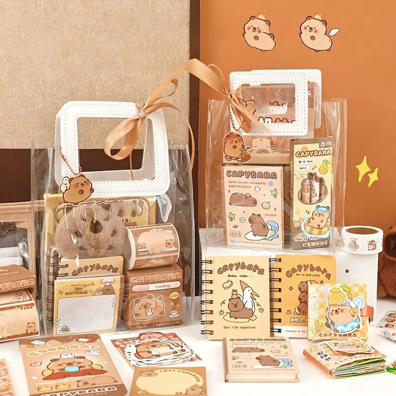 Подарочный набор канцелярских принадлежностей в стиле капибары, изысканный набор для письма, блокнот, авторучка и аксессуары, подходящие для подарков студентам на день рождения.