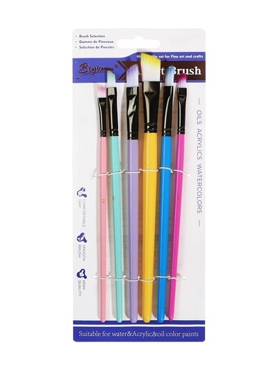Набор кистей синтетика (№2,4,6,8,10,12), плоские, с цветными ручками, скошенные, 6 штук