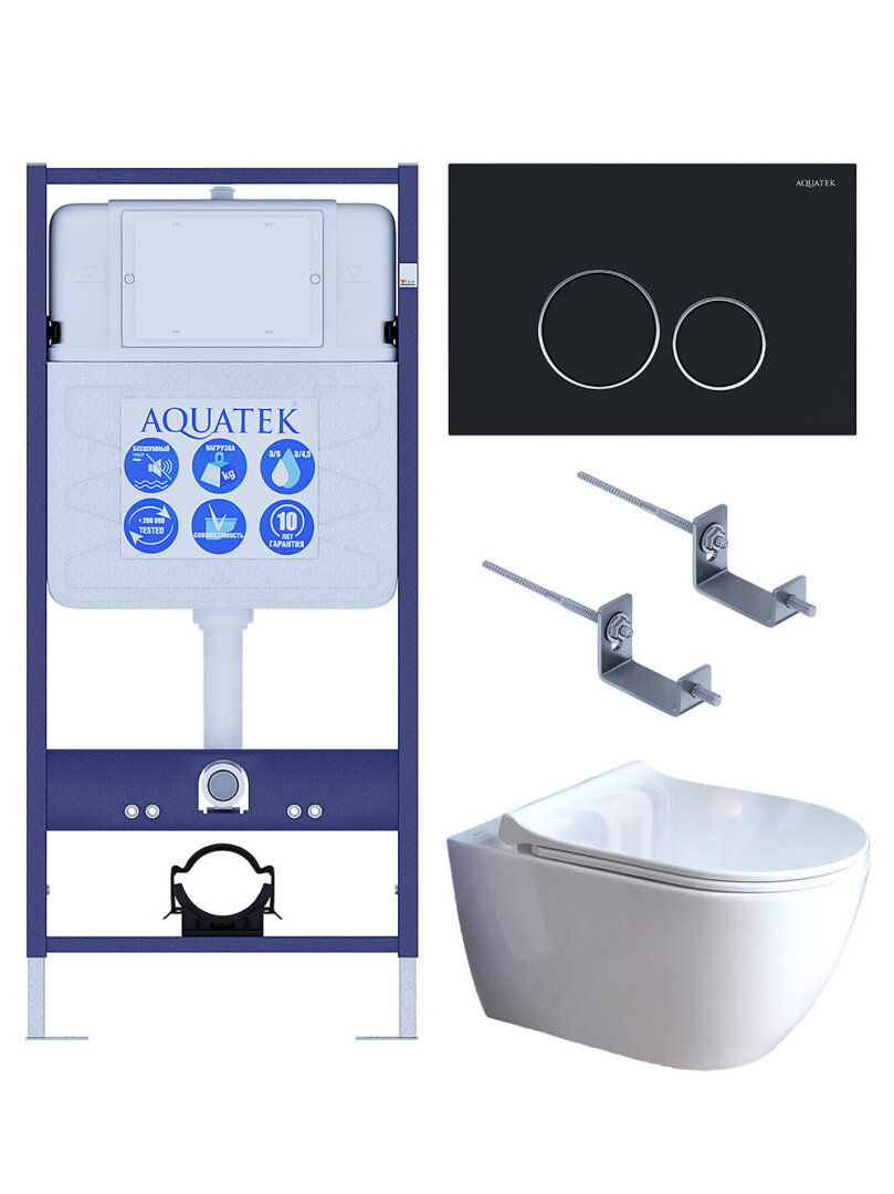 Комплект унитаз с инсталляцией, кнопкой и сиденьем микролифт Aquatek Поларис Set 01-020 4в1 безободковый