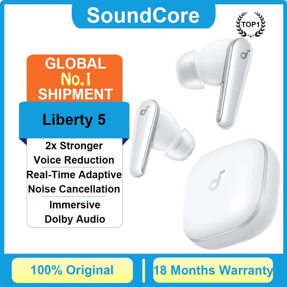 Беспроводные наушники Soundcore от Anker Liberty 5, 2 наушника с более сильным голосовым снижением, аудионаушники Dolby, 6 микрофонов, четкие вызовы с искусственным интеллектом