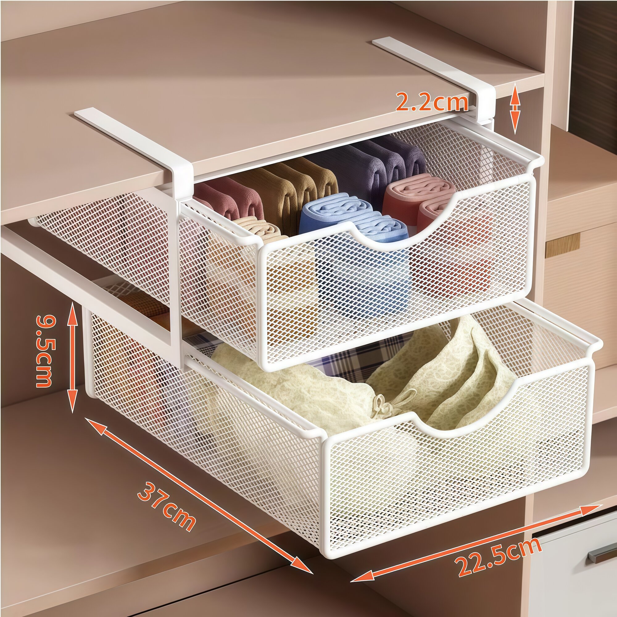 Ящик для носков и белья, японский белый, пластик, прямоугольный, 9.5x37x22.5 см，двухъярусный，1 штука