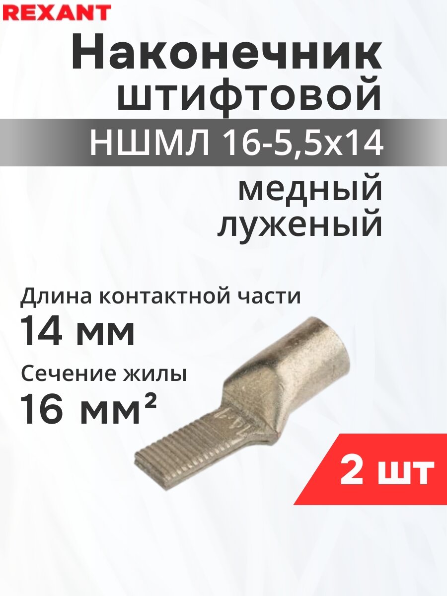 Набор Наконечник Rexant штифтовой медный луженый ншмл 16-5.5х14 (16 мм² - d5.5мм) {07-8463} (2 шт)