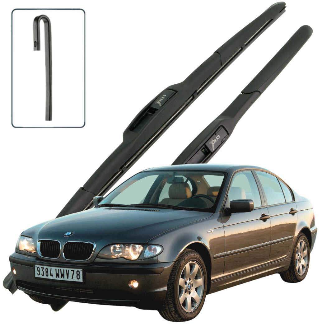 Дворники BMW 3-Series E46 / БМВ 3 серии Е46 седан рест. 2001 / 2002 / 2003 / 2004 / 2005 Щетки стеклоочистителя гибридные ОЕМ для автомобиля LYNXauto к-т 2шт., 600мм-480мм. Товар уцененный