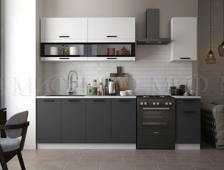 Кухня Миф Техно 2,0м Компановка №2 Белый снег софт/ графит софт NEW, столешница Дуб )