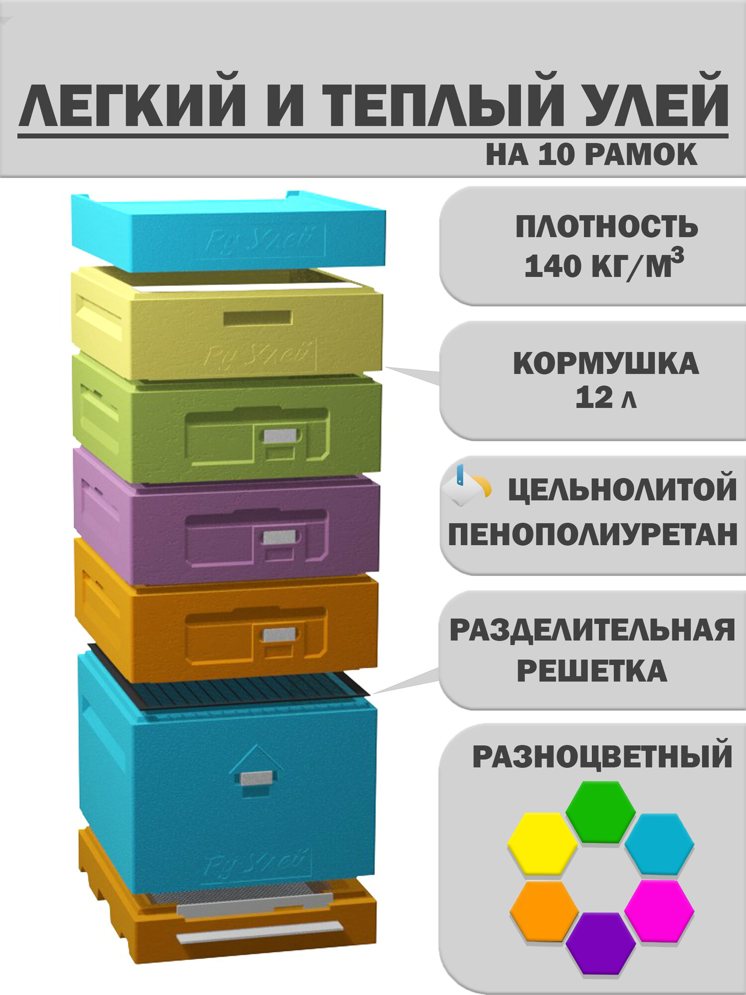 Улей для пчел ППУ (10 рам), комплект с кормушкой и решеткой