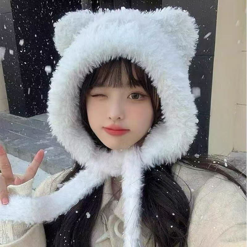 Плюшевая шапка с медвежьими ушками для женщин, теплая защитная шапка для ушей на осень и зиму, большая окружность головы, маленькая шерстяная шапка, открывающая лицо, шапка-пуловер