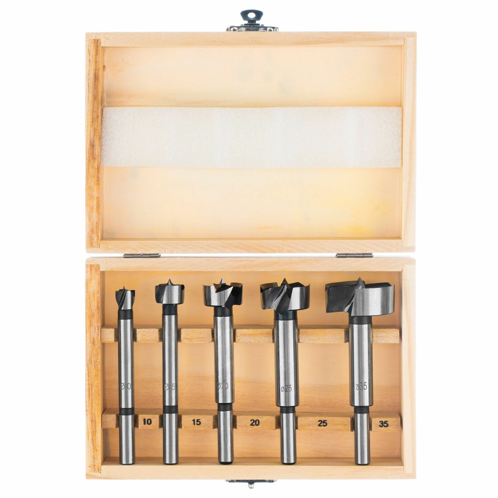 Набор для открывания отверстий для деревообработки, набор из 5 предметов, 10-15-20-25-35 мм, цилиндрическая ручка, сталь твердостью 45, центрирующий гвоздь, деревянная коробка