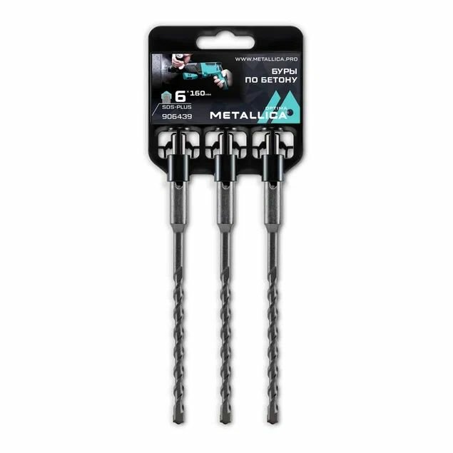Буры по бетону SDS-plus METALLICA Optima 6х160/100 мм, 3 шт на клипсе 906439