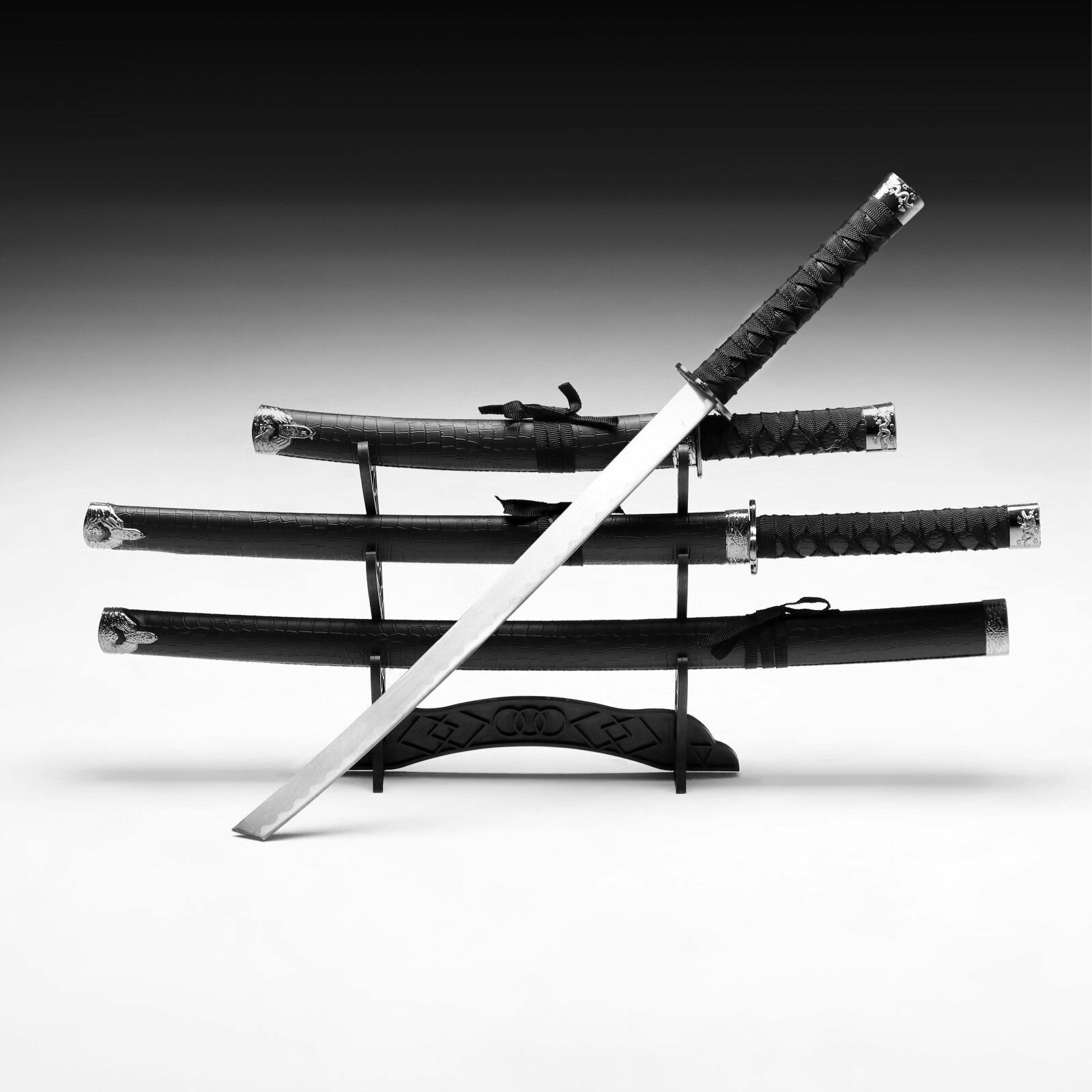 Сувенирное оружие катаны 3в1 на подставке, ножны кожзам, питон черный, матовый 46/70/89см