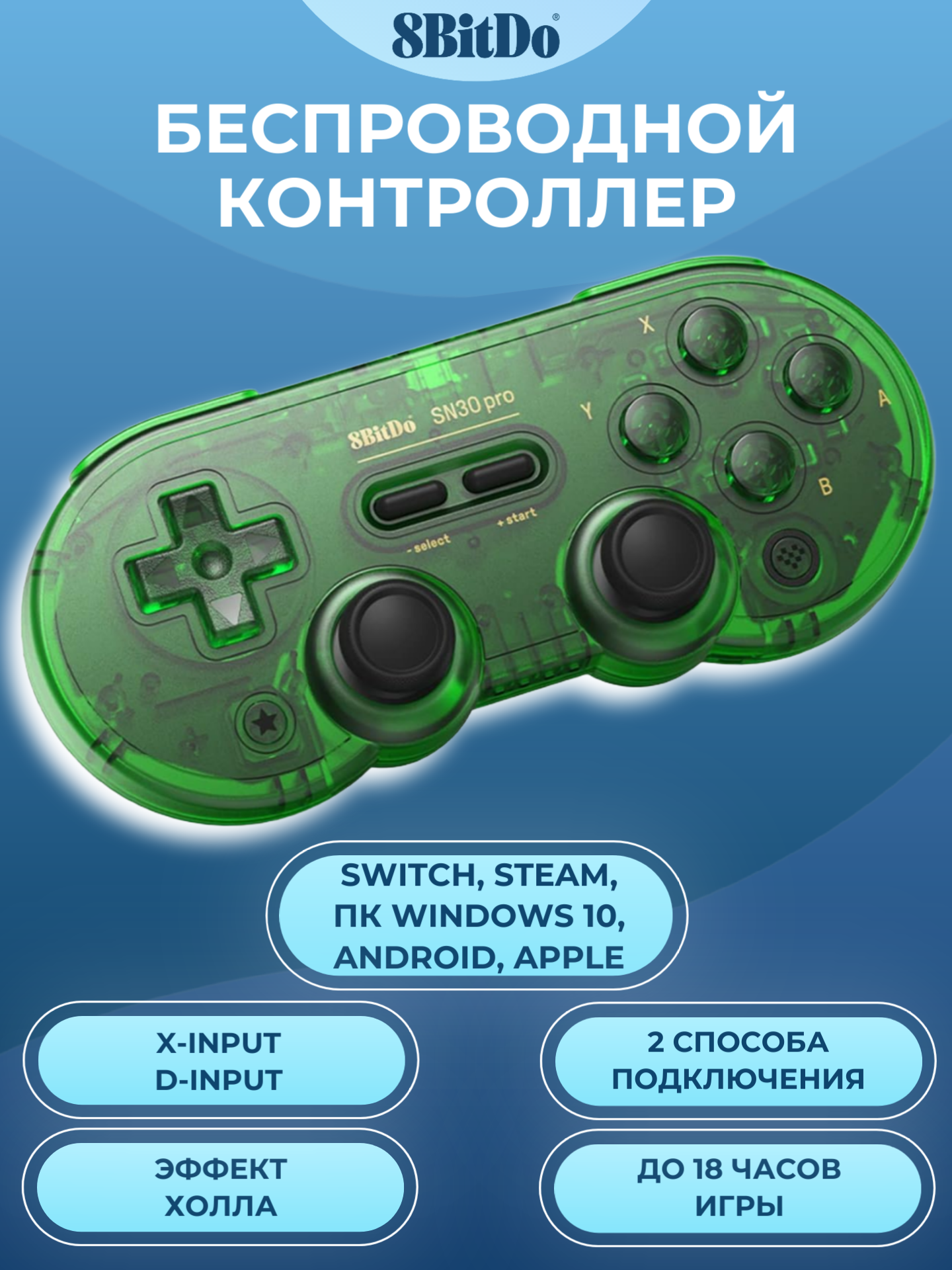 Беспроводной геймпад 8BitDo SN30 Pro для Nintendo Switch, ПК, Android, Apple и Steam, зеленый