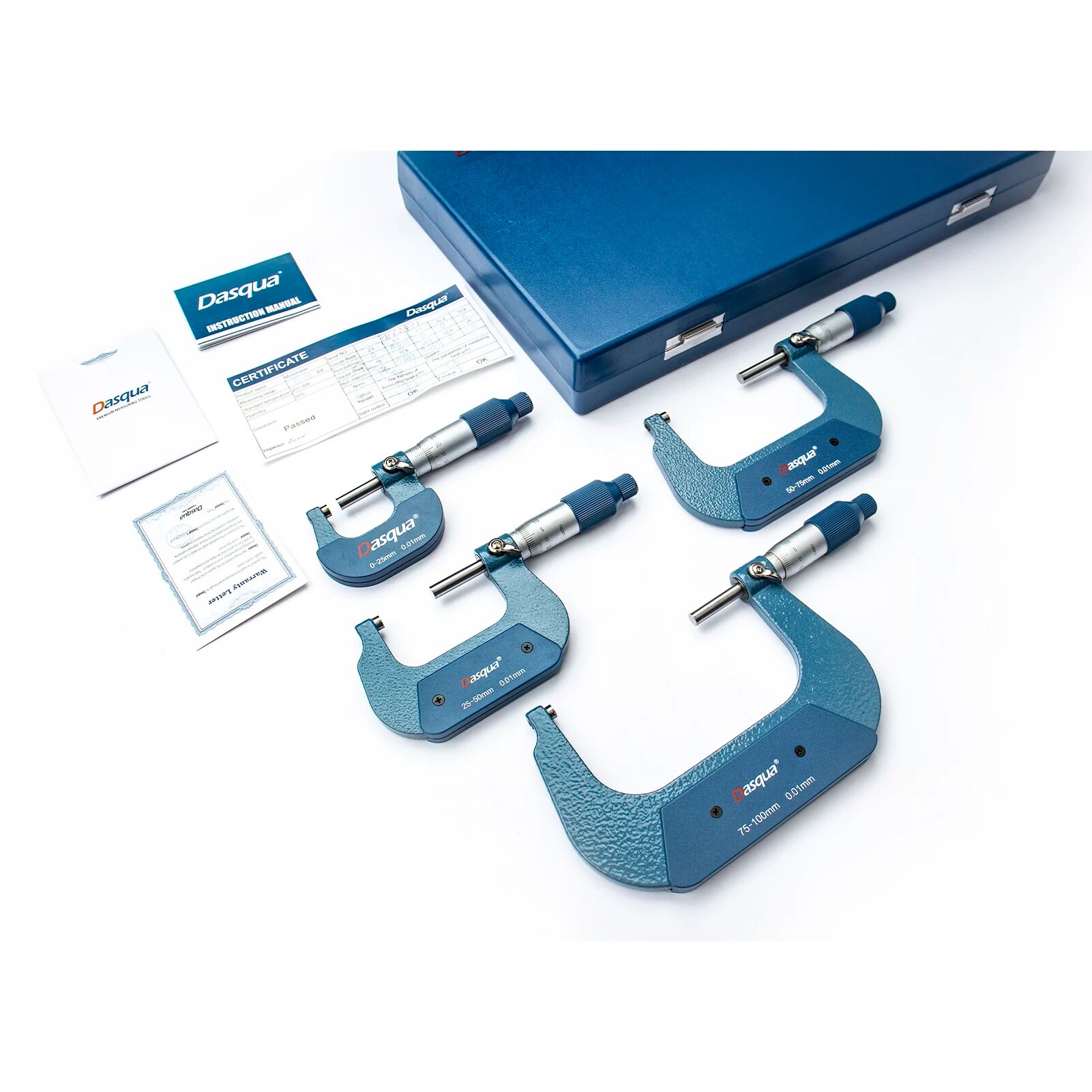 Dasqua 0-100 мм, 4 шт, набор внешних микрометров 0-25 мм, 25-50 мм, 50-75 мм, 75-100 мм, набор механических внешних микрометров