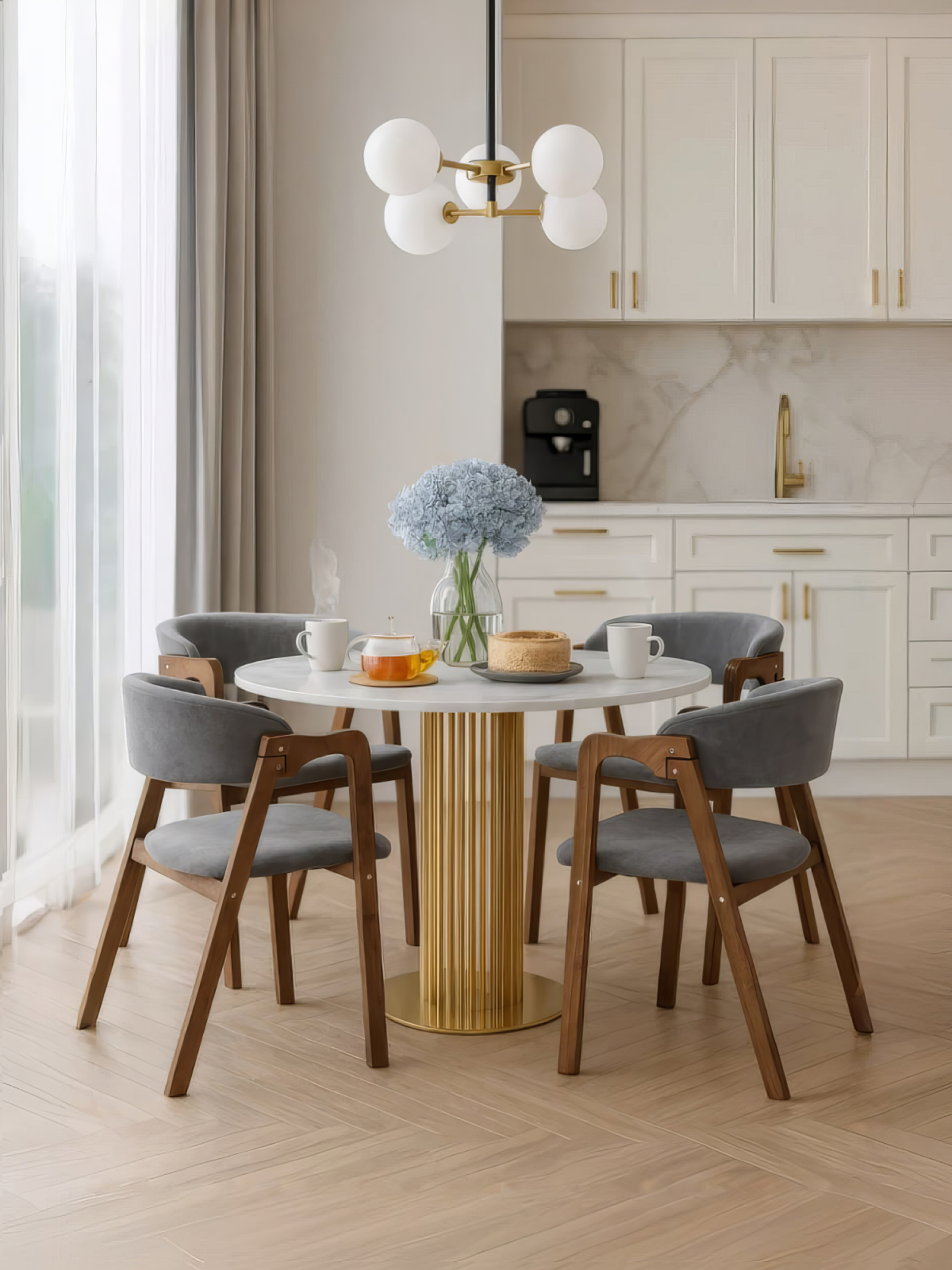 Стулья для кухни комплект 4 шт со спинкой с подлокотниками мягкие деревянные, кресла обеденные, велюр, Серый