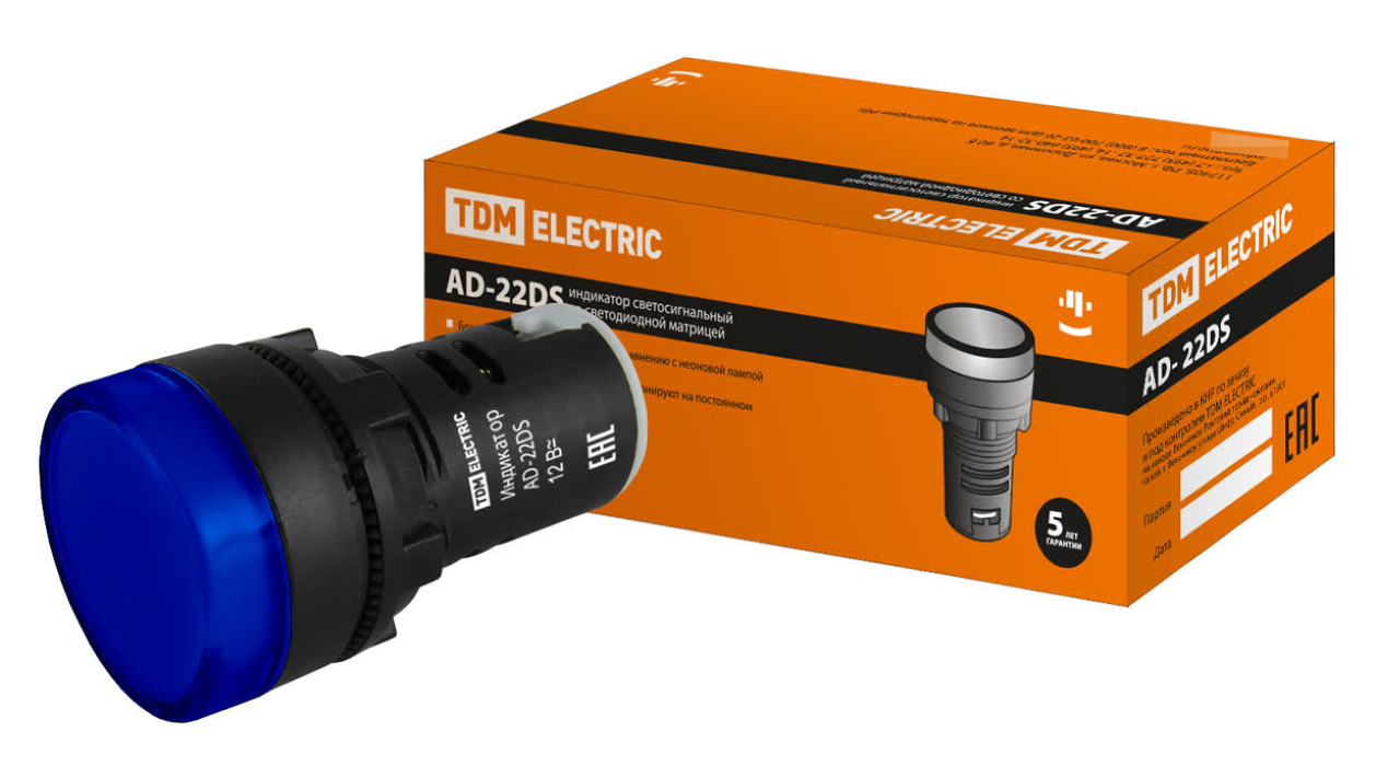 Кнопка управления TDM Electric / ТДМ Электрик AD-22DS(LED) матрица, синяя, 12В AC/DC, под отверстие диаметром 22мм, SQ0702-0019 / кнопочный пост