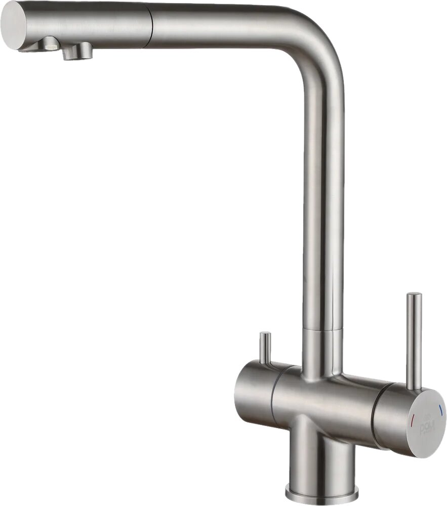 Смеситель для кухни Paulmark Skalen Sk213020-BS с краном для питьевой воды, с поворотным изливом, матовый, однорычажный, нержавеющая сталь, с керамическим картриджем