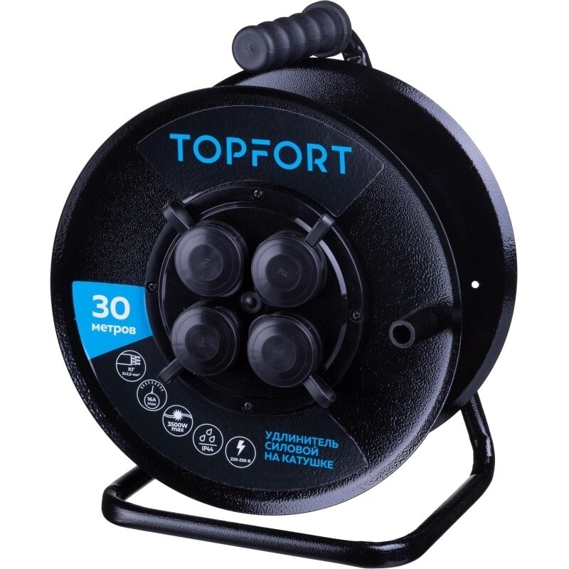 Удлинитель Topfort металл, 3х2,5 мм2, 30 м, 16 А, 4 гнезда, с заземлением, с заглушкой, IP44