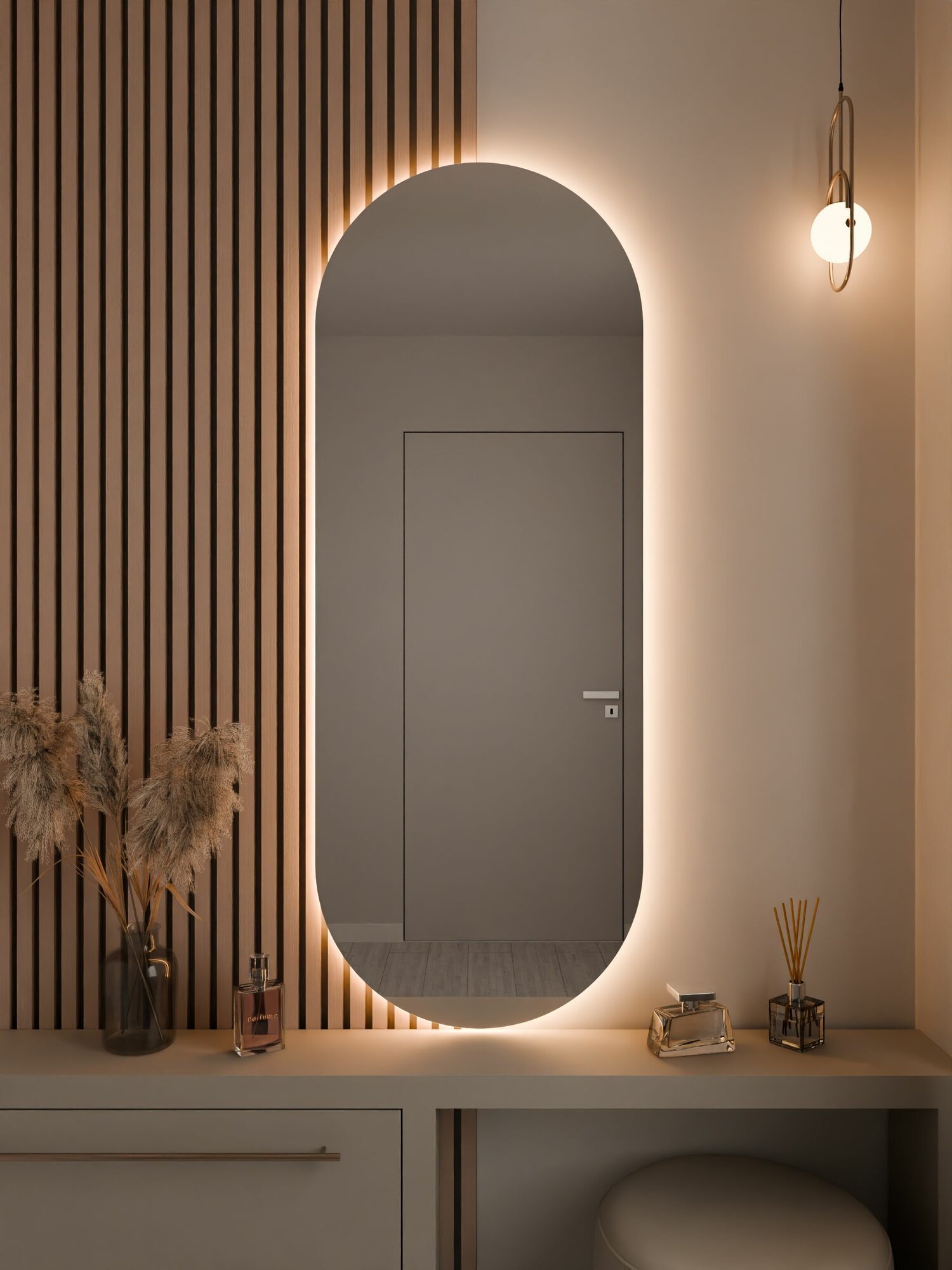 Зеркало настенное 140х60 см. теплый свет 3000К овальное с подсветкой М6 MOONRISE