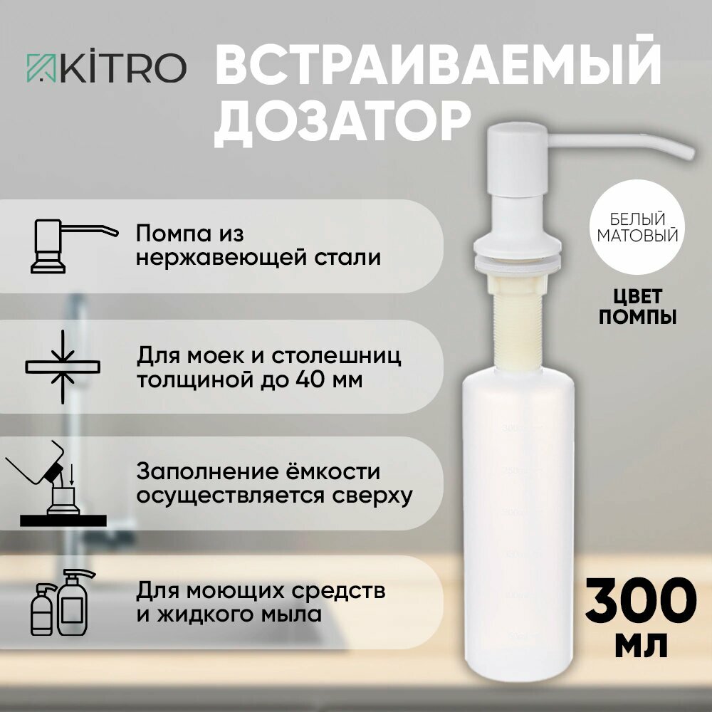 Дозатор FLUMEN DESIGN "Kitro", белый сатин, встраиваемый, для жидкого мыла, 300мл