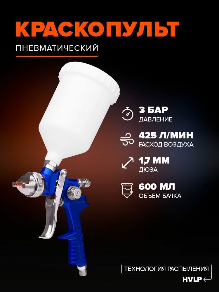 Краскопульт пневматический HVLP REMIX H-881, сопло 1.7 мм, бачок 600 мл для авто, мебели и дерева, краскораспылитель для компрессора