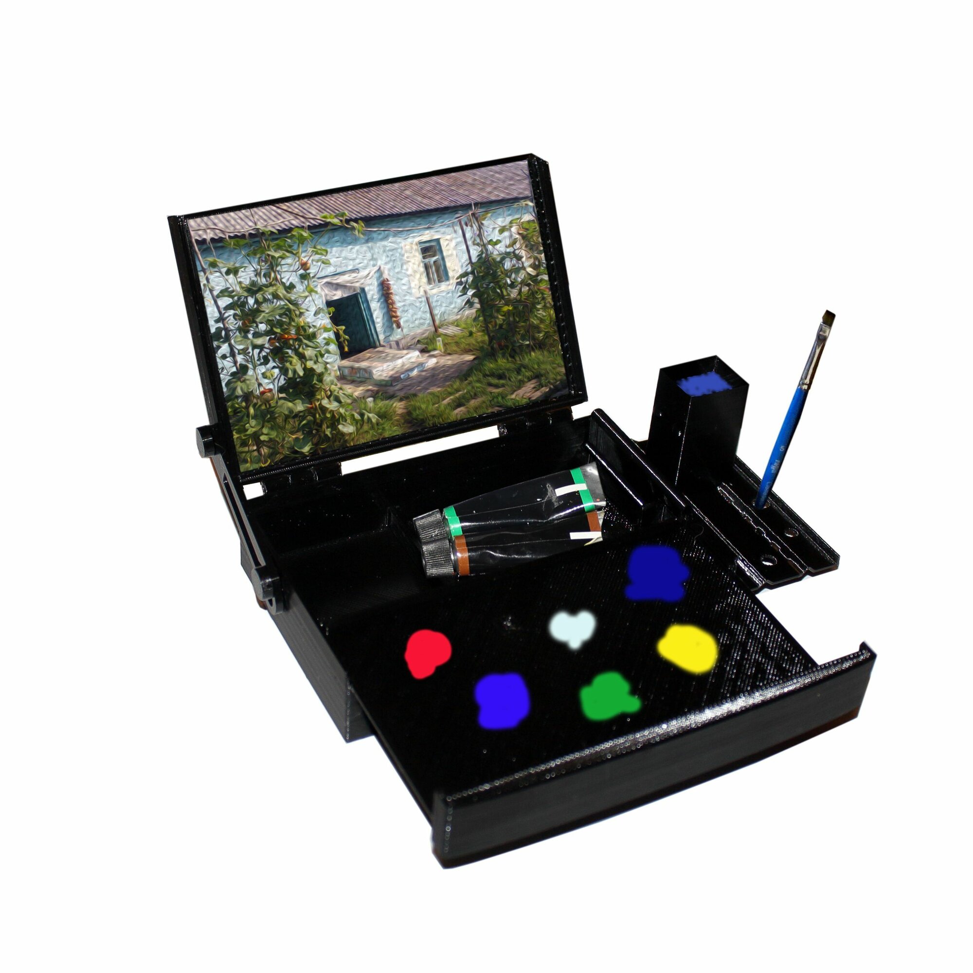 Мини этюдник весом 130г, универсальный мольберт для рисования (настольный/на фотоштатив/в руке), с полочкой и стаканчиком, для правшей, черный