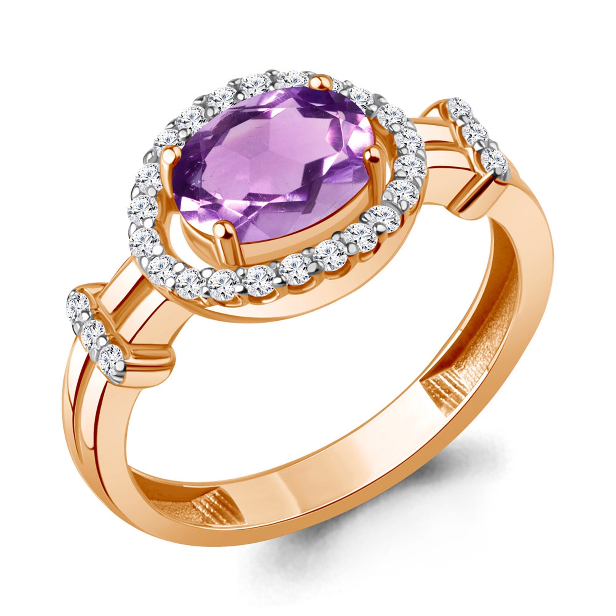 Кольцо, серебро, 925 проба, золочение, фианит, аметист