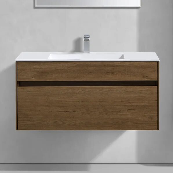 Тумба с раковиной Vincea Chiara подвесная, 100 см, темное дерево, матовая, из ЛДСП, с ящиками, раковина для ванной, из искусственного камня, прямоугольная, лофт