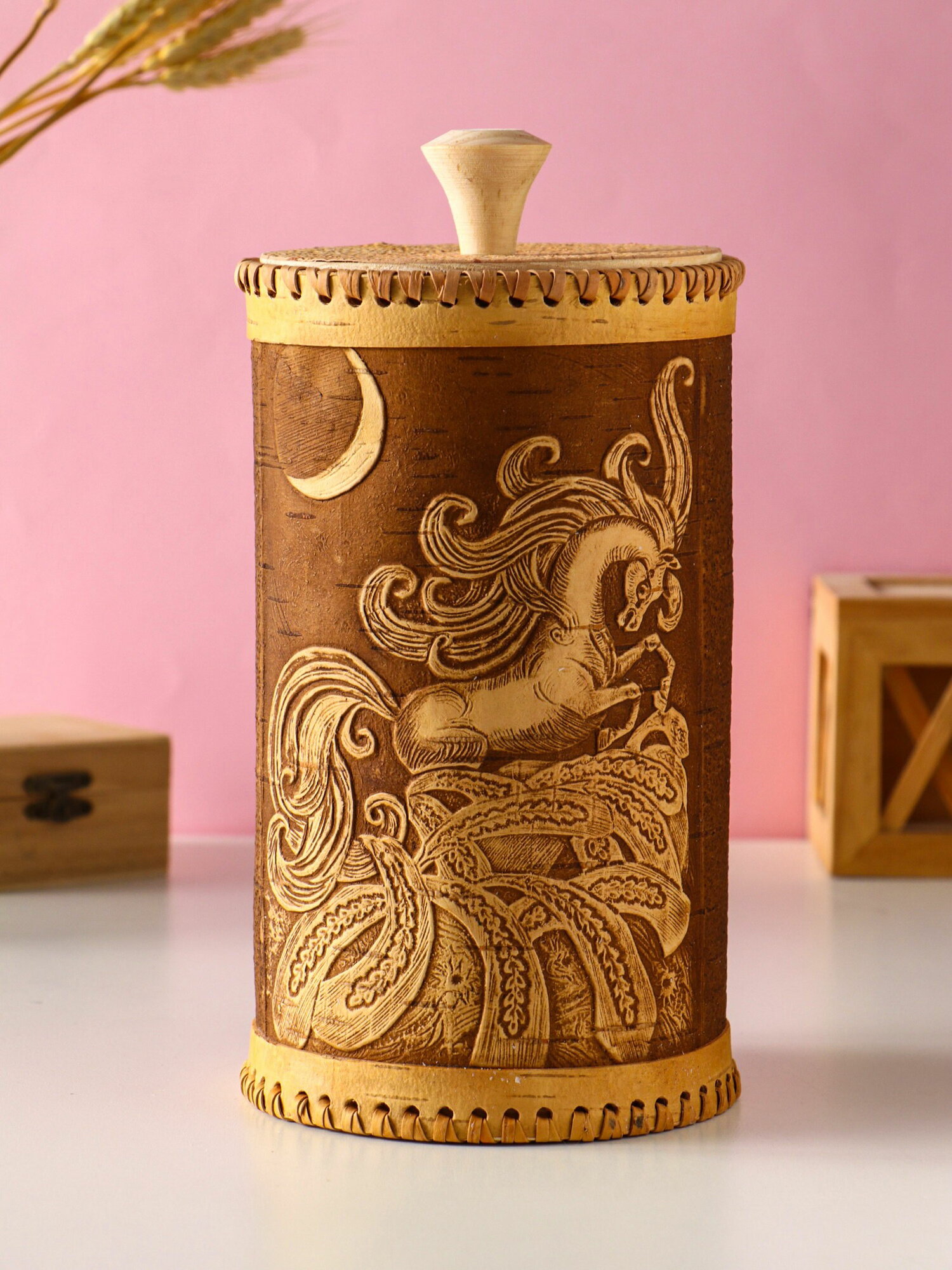 Туес большой "Конек-Горбунок", банка для хранения, береста, цвет: бежевый