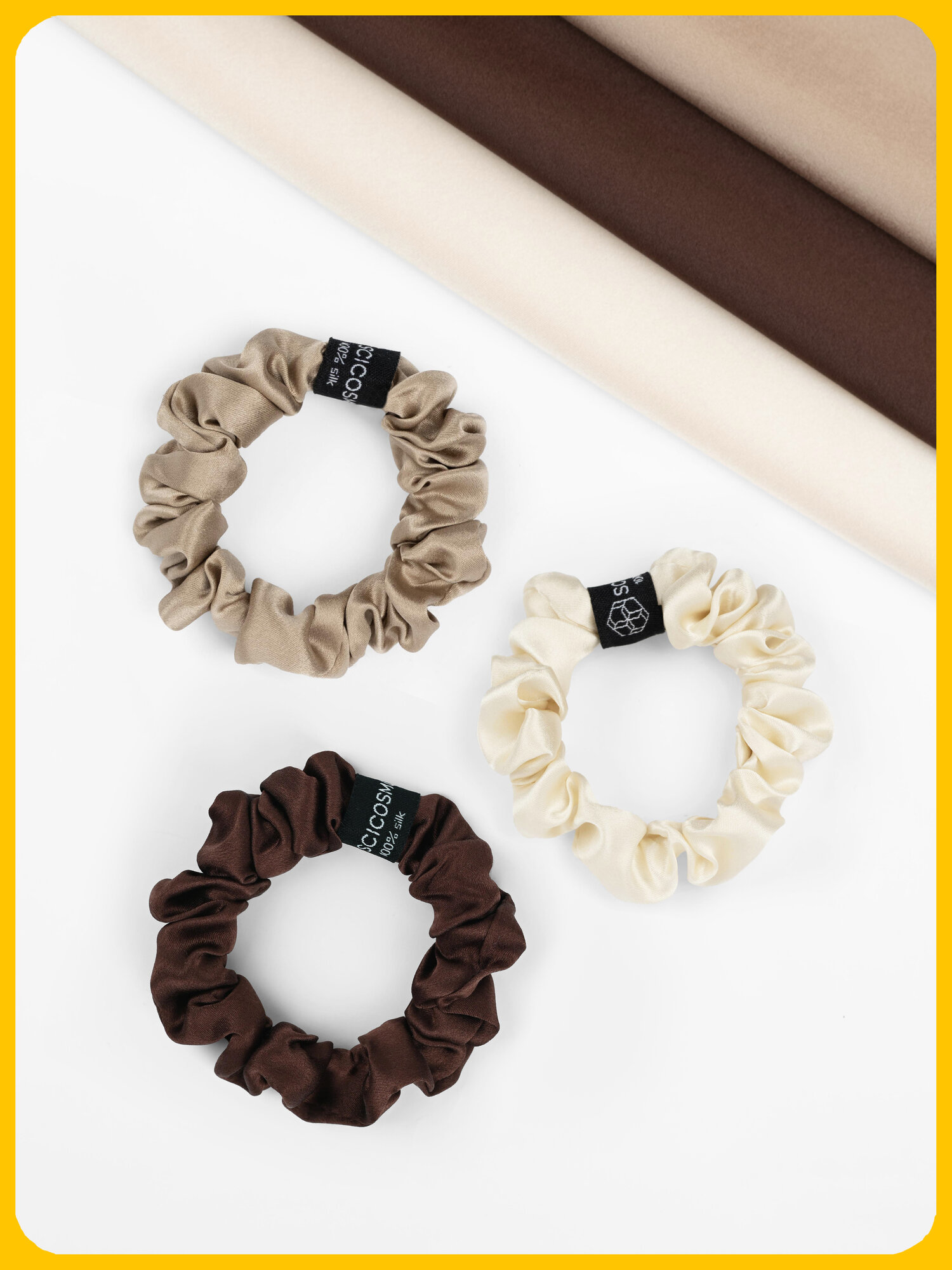 100% натуральный шелк 19 момми/Набор из 3-х резинок 2 см/цвет: темный шампань, светлый шампань, шоколадный