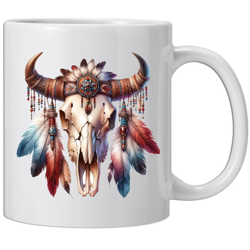 Керамическая кружка в виде черепа быка, объём 350 мл, с рисунком в виде разноцветных перьев и бусин, кофейная чашка в богемном стиле, 8,2 x 9,5 см