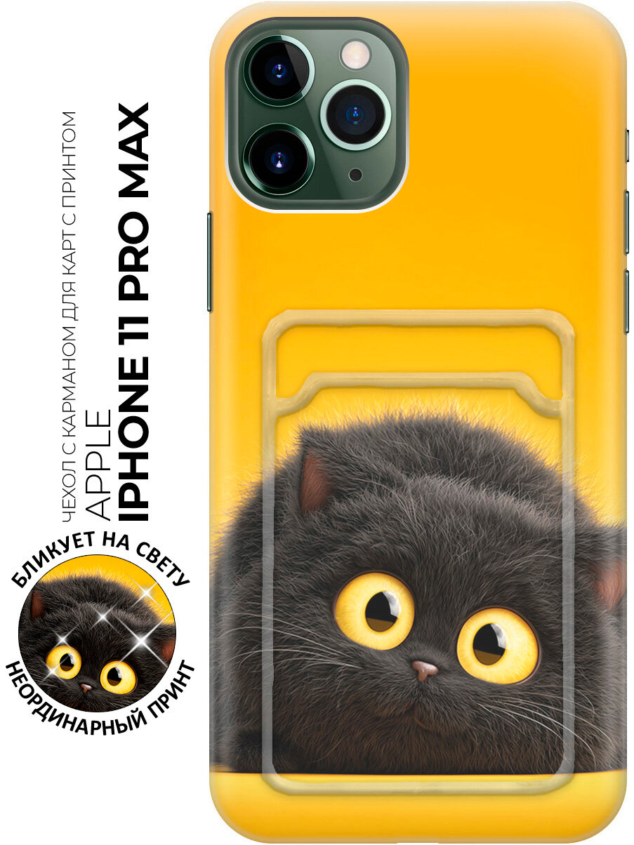 Силиконовый чехол на Apple iPhone 11 Pro Max с принтом "Чёрный кот на солнечном фоне" с карманом для карты