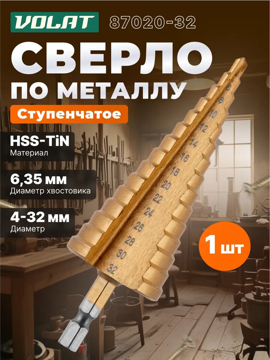 Сверло по металлу ступенчатое 4-32 мм волат HSS TiN (87020-32)