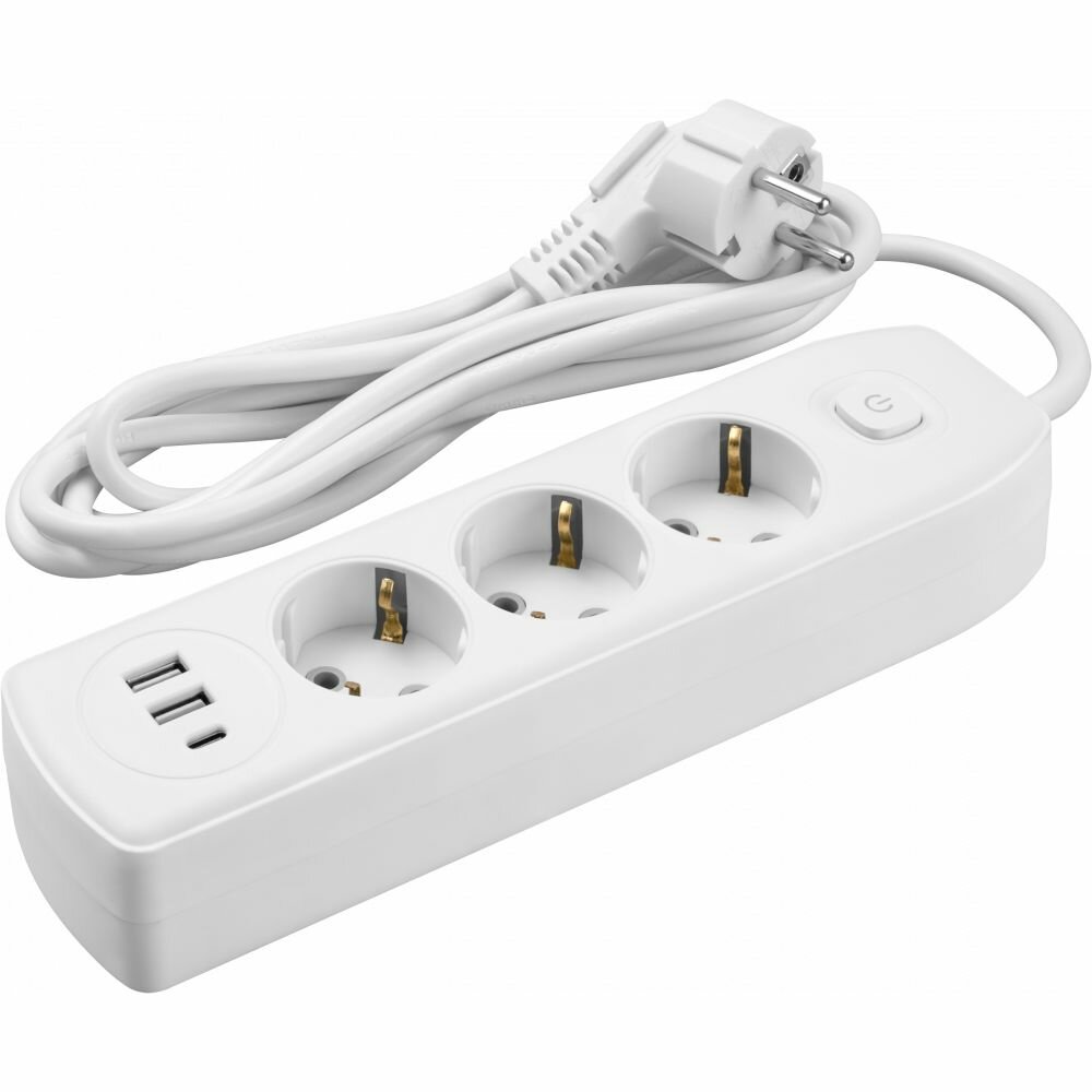 Удлинитель 3 гнезда 5 метра с заземлением с выключателем 3 USB провод ПВС 3х1 онлайт OPE-USB-03-500-ESC-3x1