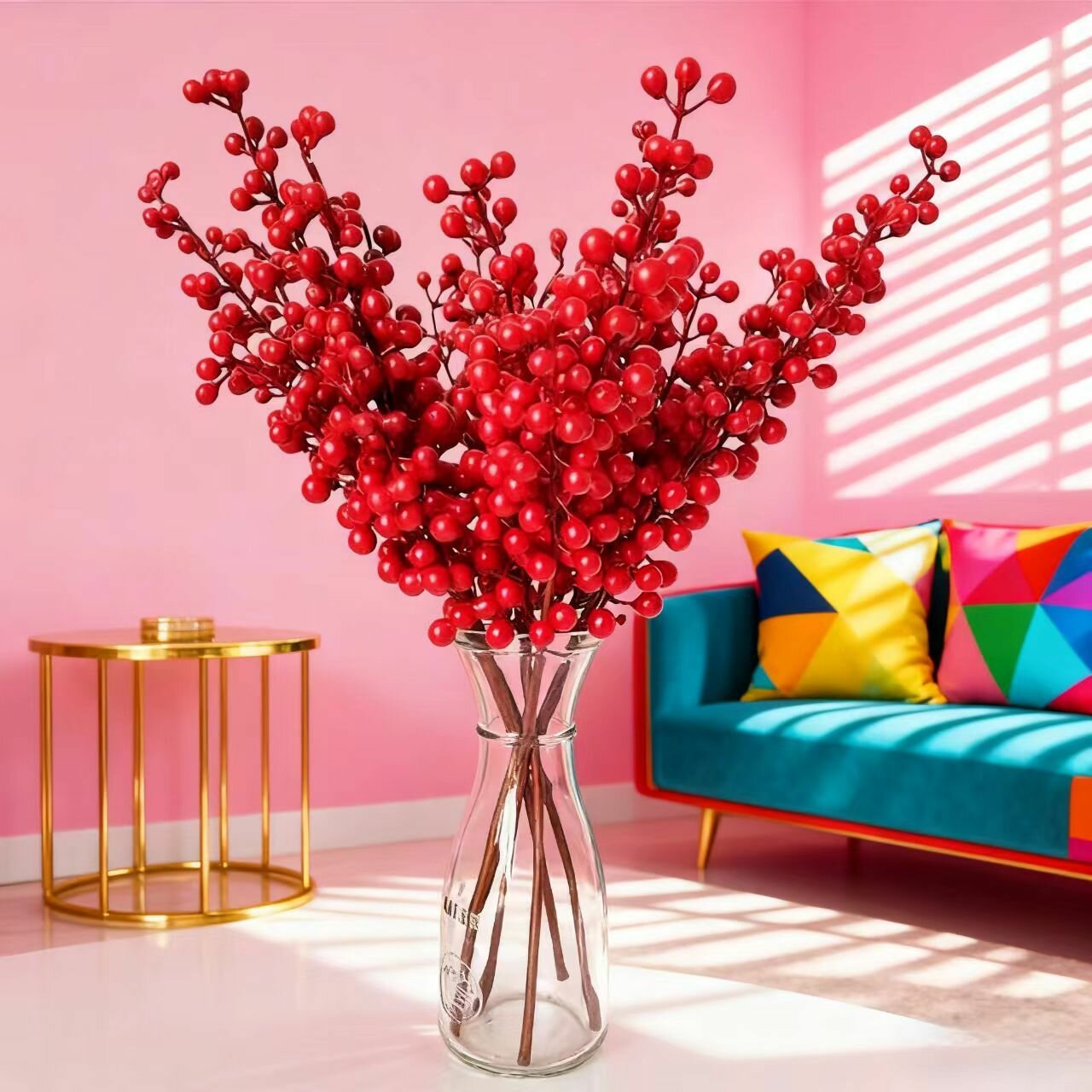 Искусственные ветки красных ягод с налетом инея, 5 веток в пучке, для декора интерьера, фотосессий (свадьба, Новый год), 45 см