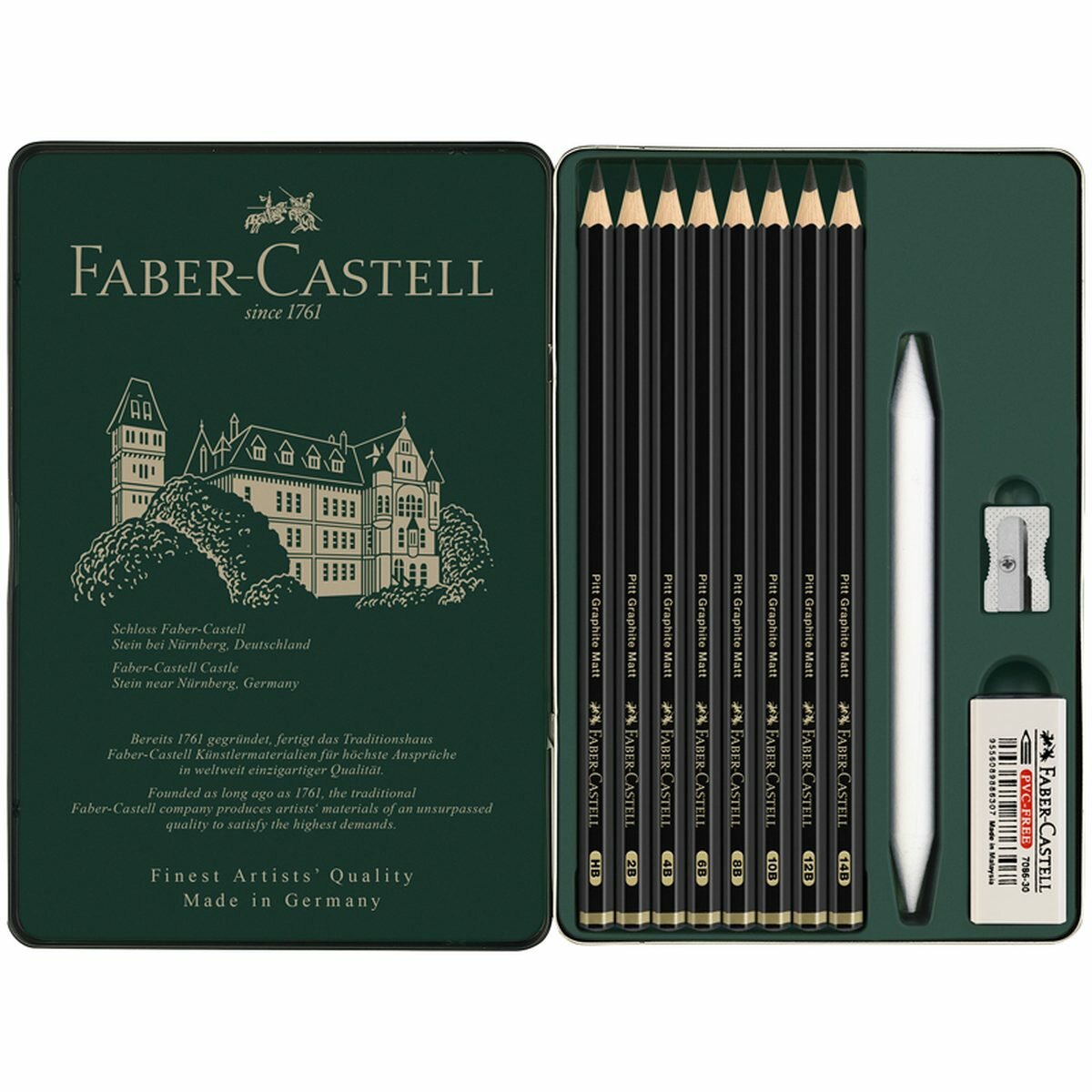 Набор чернографитных карандашей Faber-Castell Pitt Graphite Matt (НВ-14В, матовые) метал. коробка, 8шт. (115220)