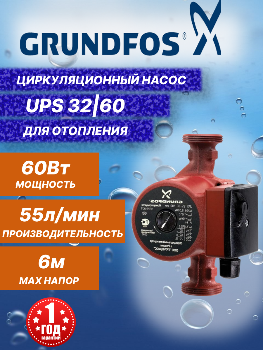 Насос циркуляционный UPS 32-60 GRUNDFOS c мокрым ротором. для отопления