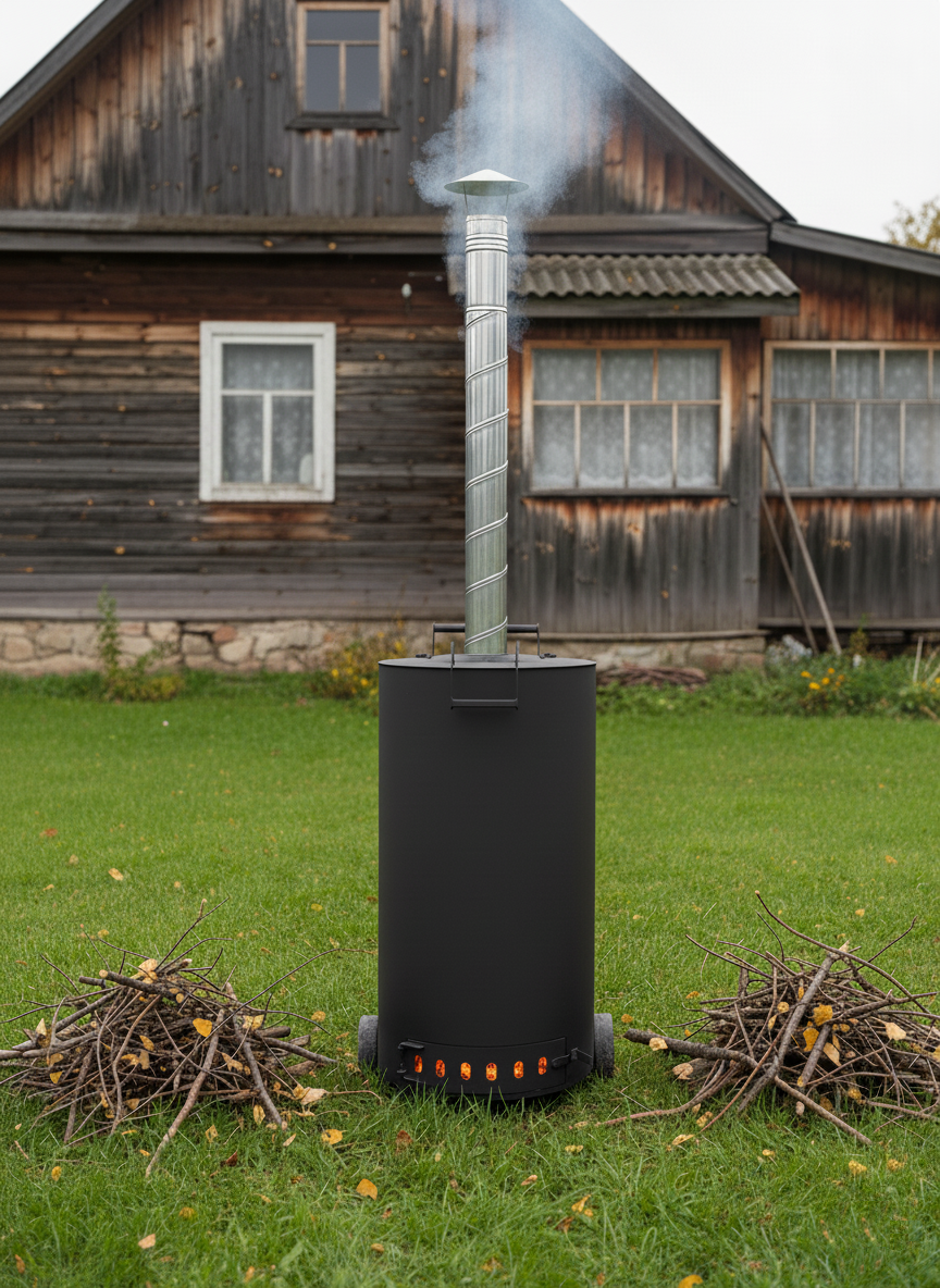 Бочка для сжигания мусора 160л с колосником и дымоходом, сталь 2 мм