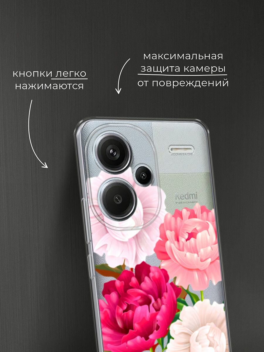 Чехол на Xiaomi Redmi Note 13 Pro+ / Сяоми Редми Нот 13 Про + с принтом "Большие пионы", прозрачный — фото 1