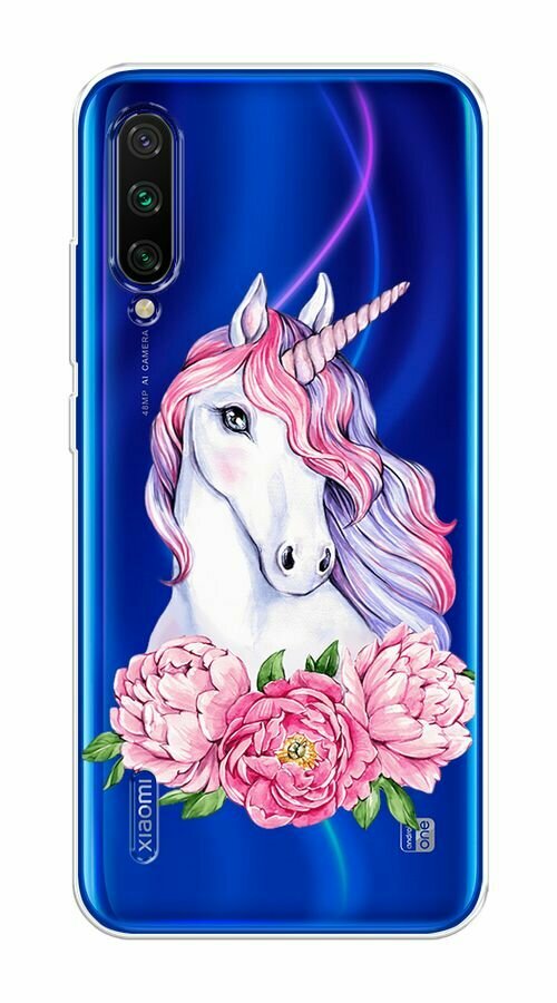 Чехол на Xiaomi Mi CC9/A3 Lite/9 Lite / Сяоми Mi CC9/A3 Lite/9 Lite с принтом "Единорог с пионами", прозрачный