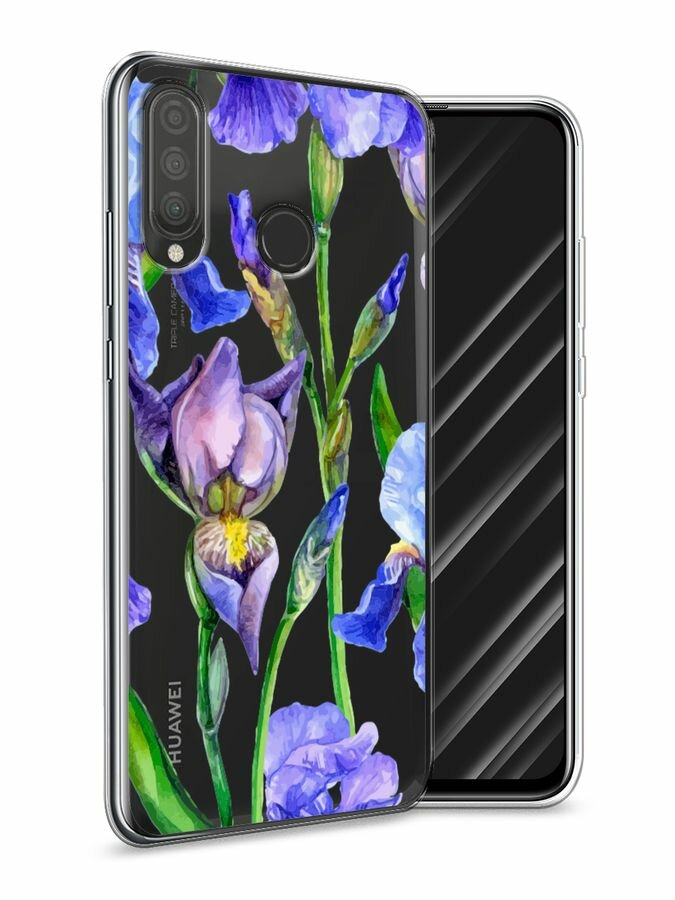 Чехол на Huawei P30 Lite/Honor 20S/20 Lite (2020) / Хуавей P30 Лайт с принтом "Синие ирисы", прозрачный