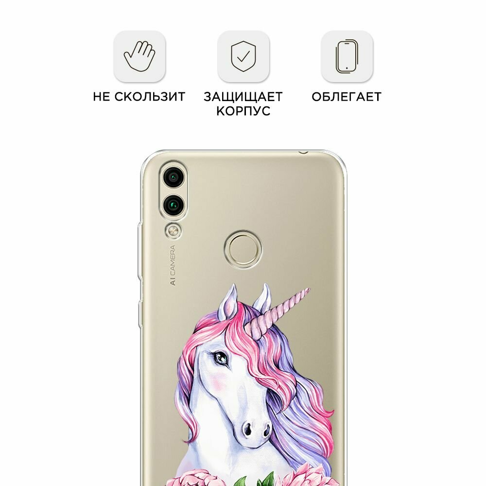Чехол на Honor 8C / Хонор 8С с принтом "Единорог с пионами", прозрачный — фото 1