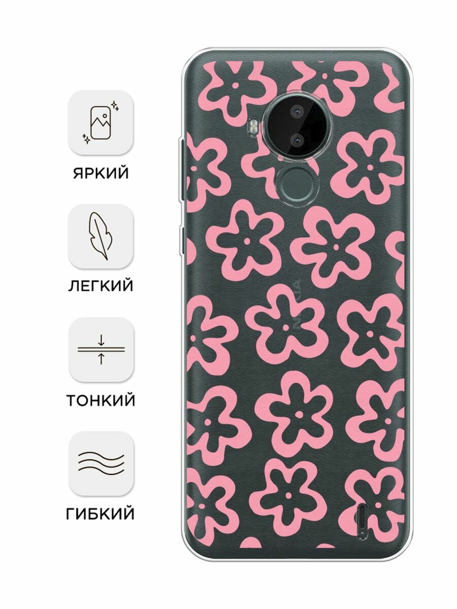 Чехол на Nokia C30 / Нокия C30 с принтом "Простые розовые цветочки", прозрачный — фото 1