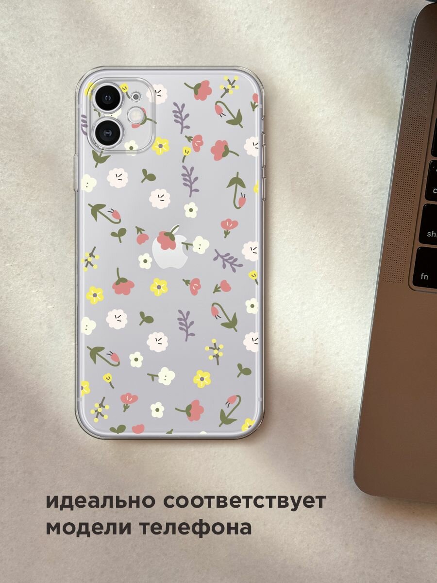 Чехол на Apple iPhone 11 / Айфон 11 с принтом "Россыпь цветов рисунок", прозрачный — фото 1