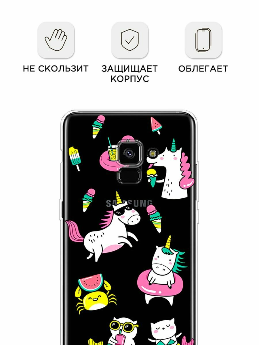 Чехол на Samsung Galaxy A8 + / Самсунг Галакси А8 Плюс 2018 с принтом "Единороги в отпуске", прозрачный — фото 1