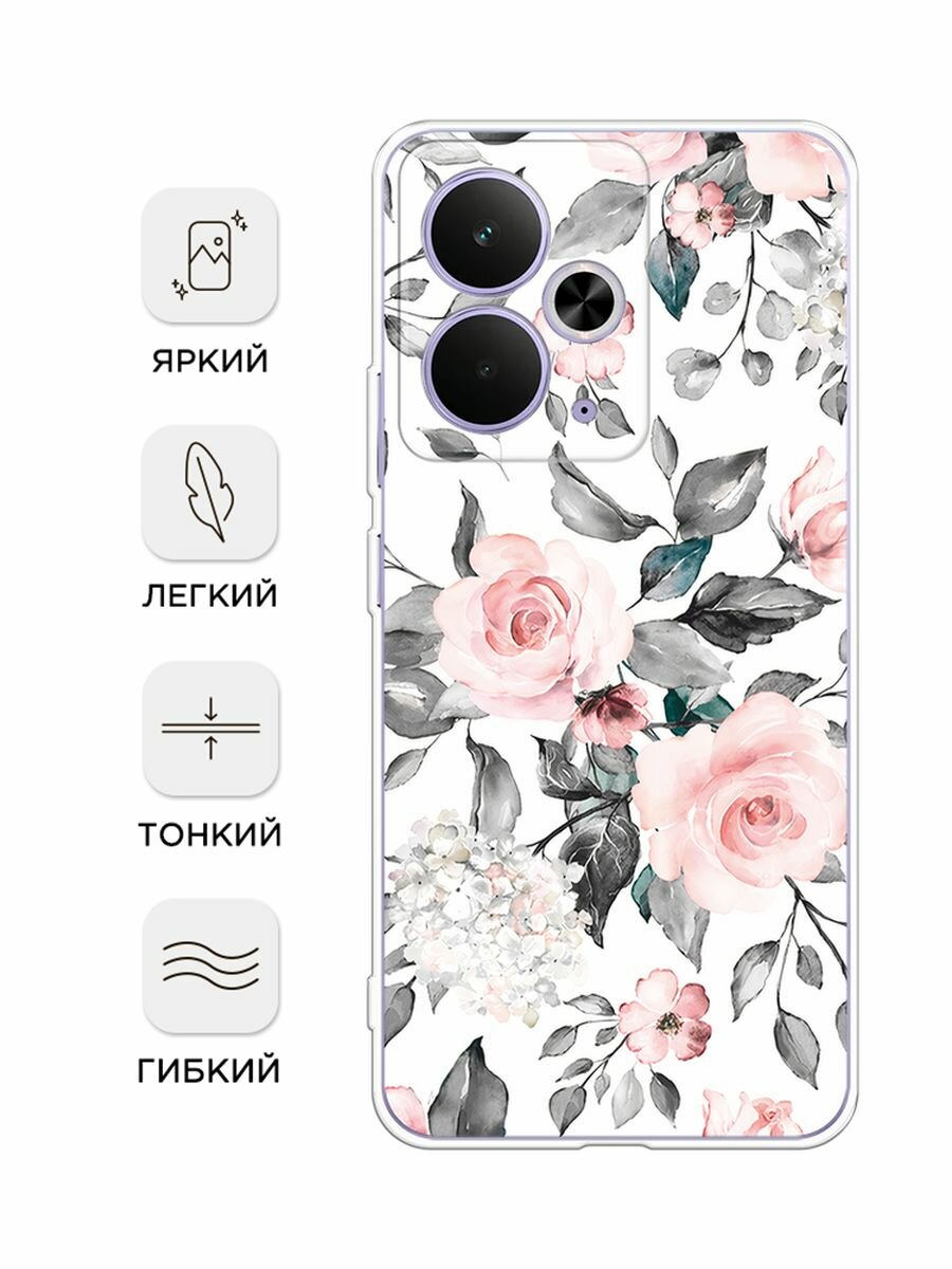 Силиконовый чехол на Realme 14T / Реалми 14Т с принтом "Розы на белом" — фото 1