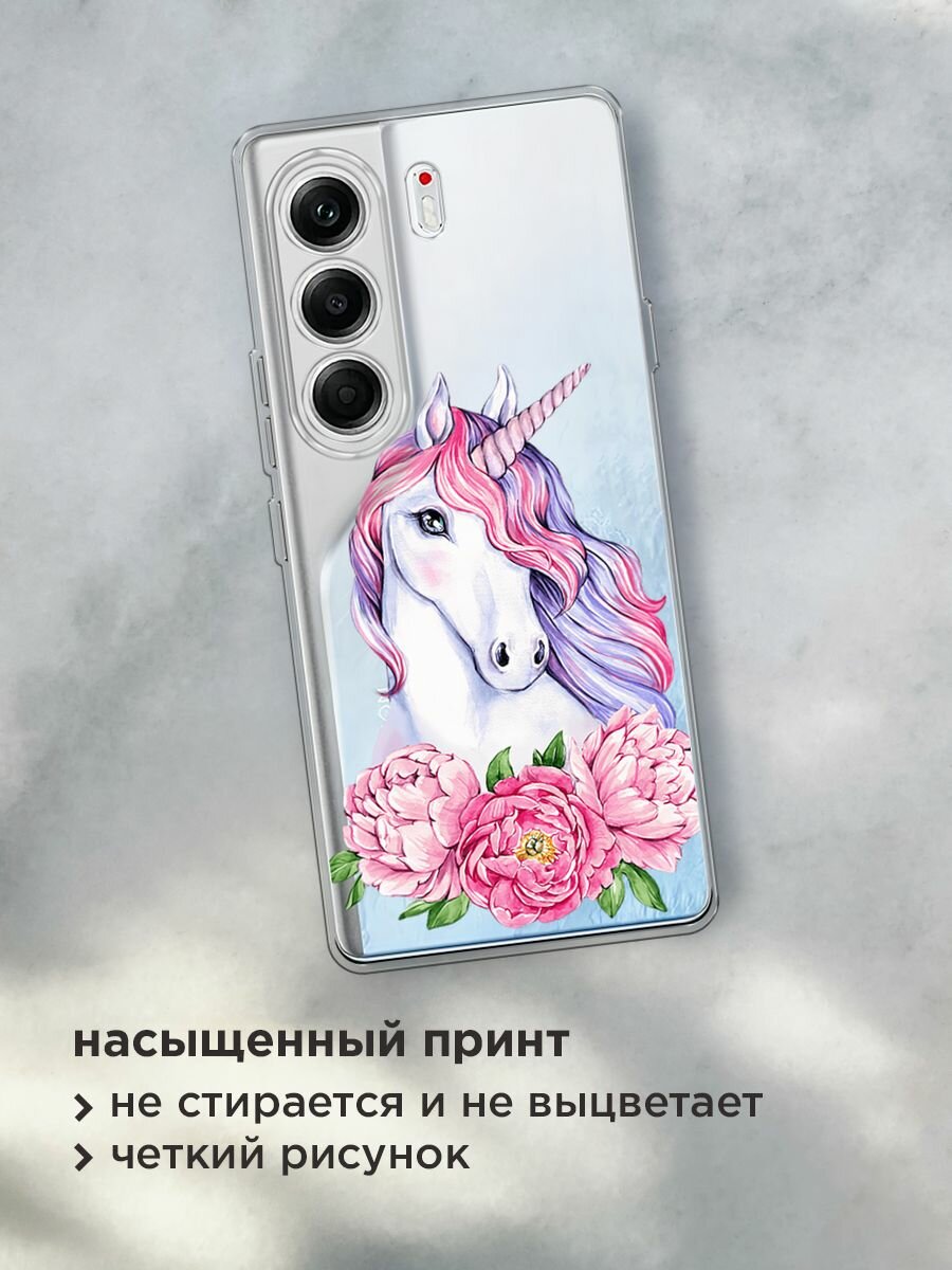 Чехол на Tecno Camon 40 Pro 5G / Текно Камон 40 Про 5G с принтом "Единорог с пионами", прозрачный — фото 1