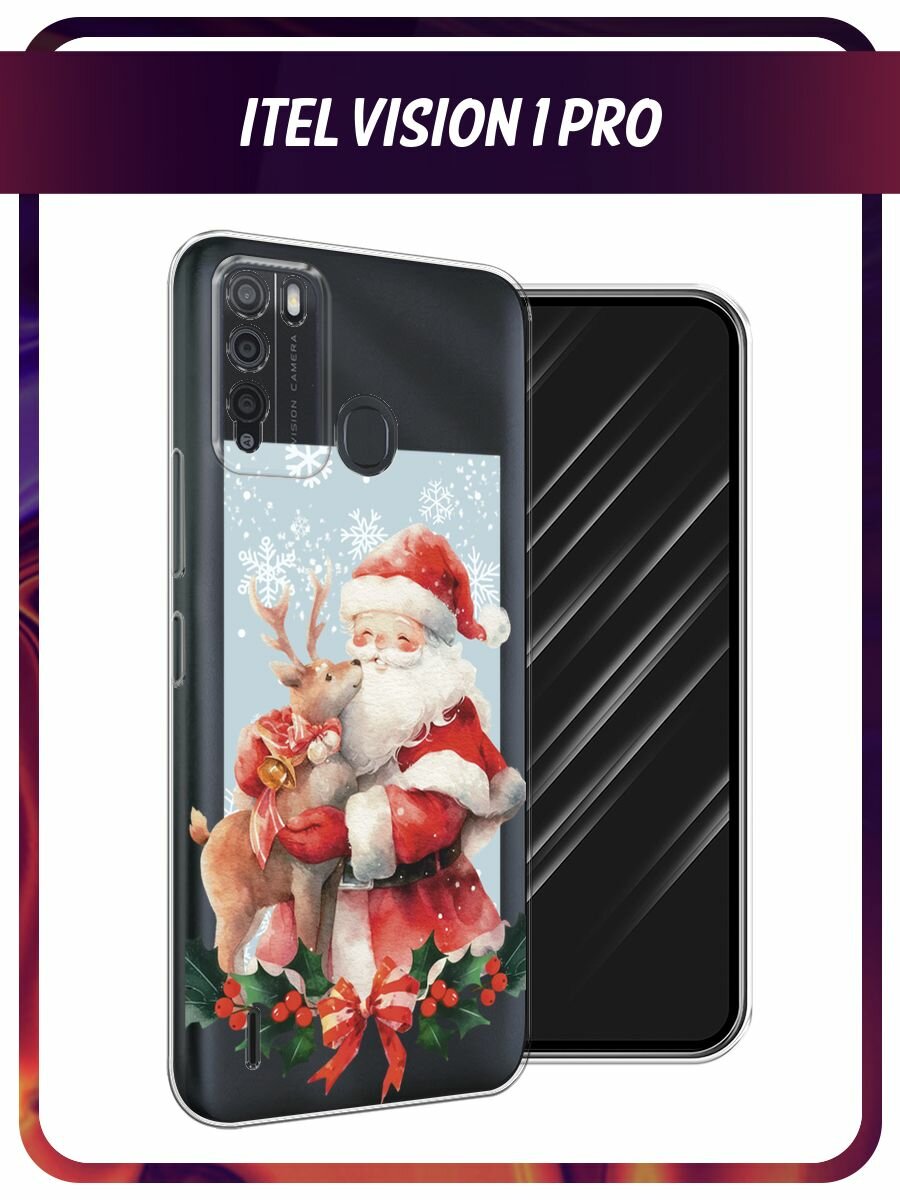 Чехол на Itel Vision 1 Pro / Ител Визион 1 Про с принтом Санта с оленем, прозрачный