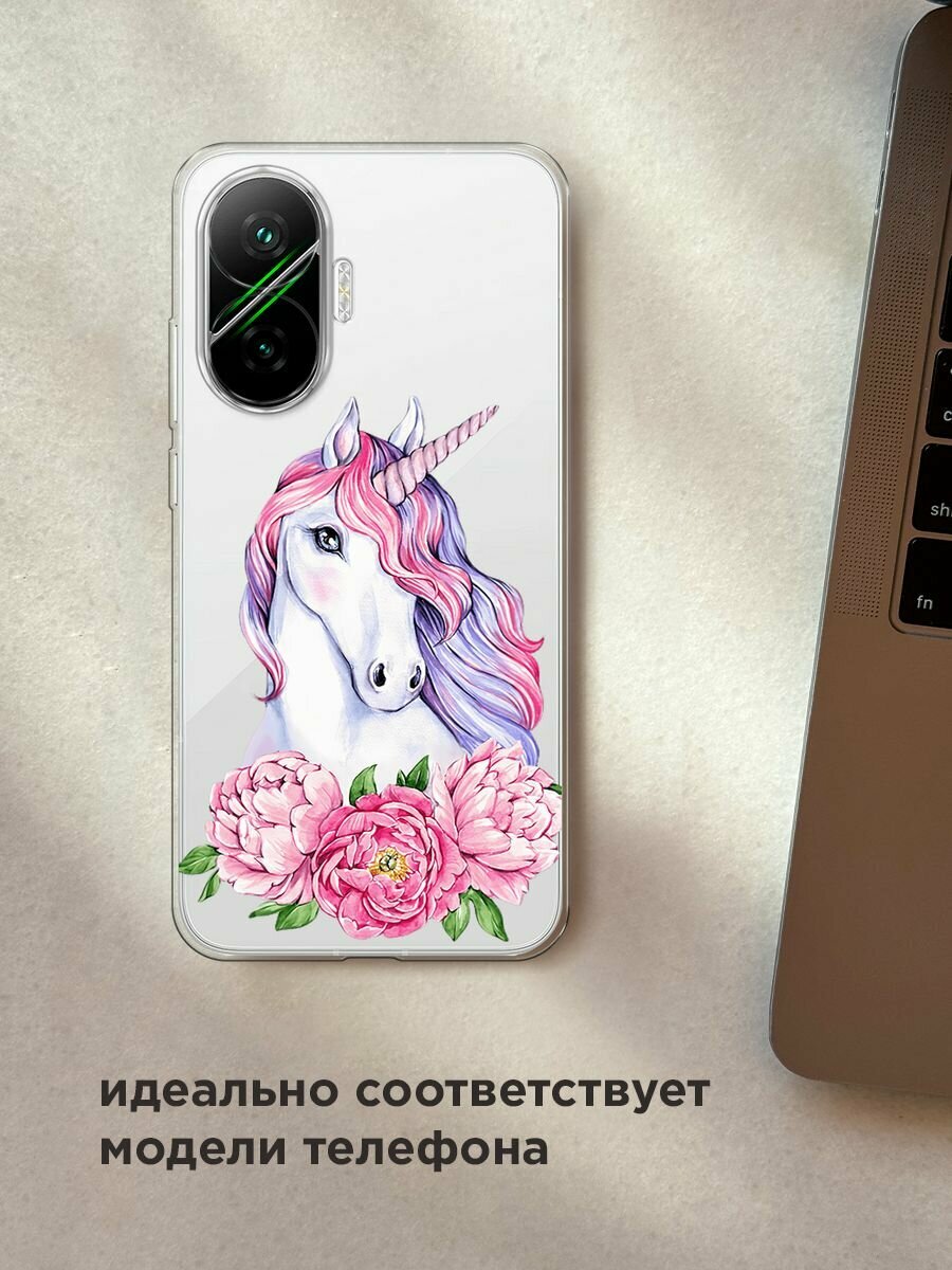 Чехол на Poco F7 / Поко F7 с принтом "Единорог с пионами", прозрачный — фото 1