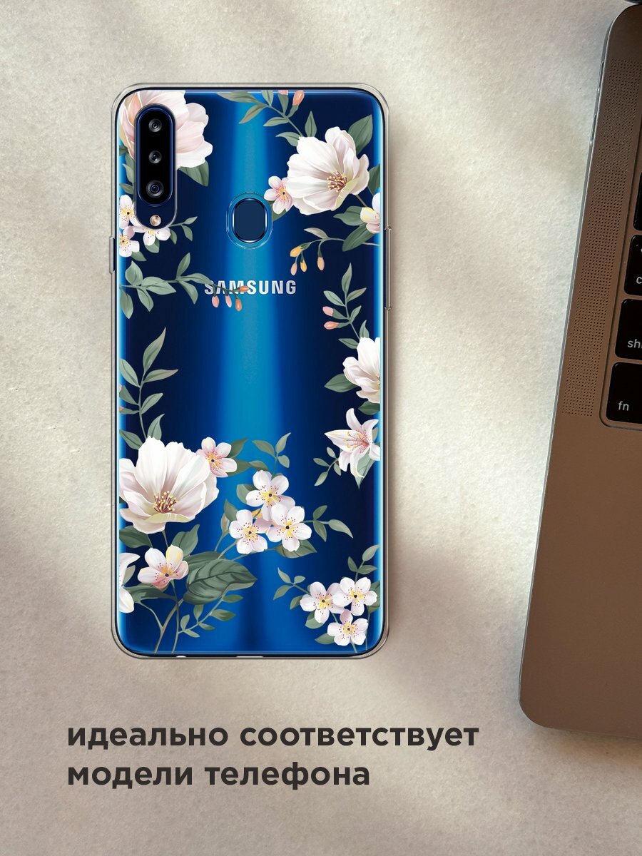 Чехол на Samsung Galaxy A20s / Самсунг Галакси A20s с принтом "Beautiful white flowers", прозрачный — фото 1